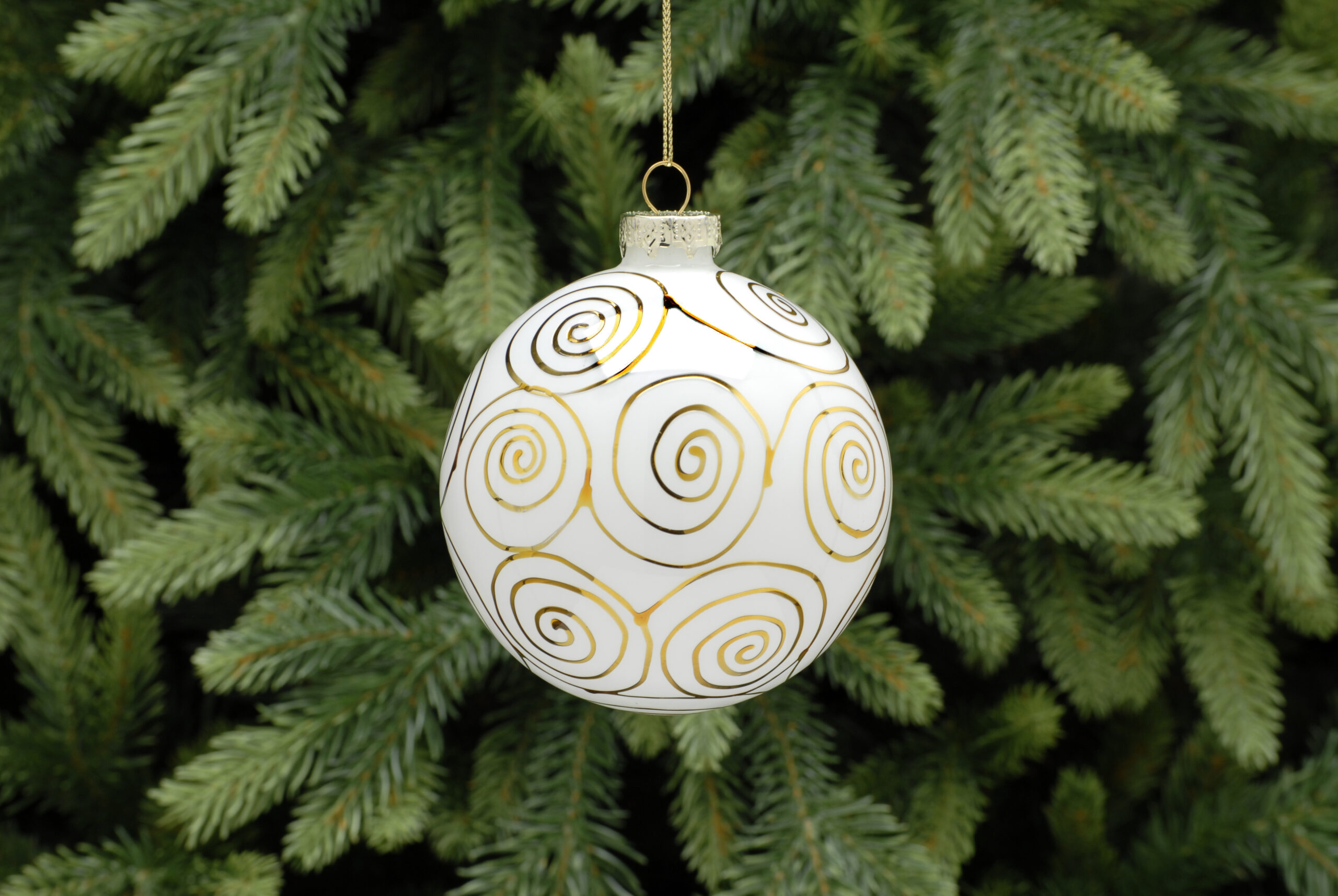 Graceful White Bauble with Gold Swirl Design- 10cm | Baubles