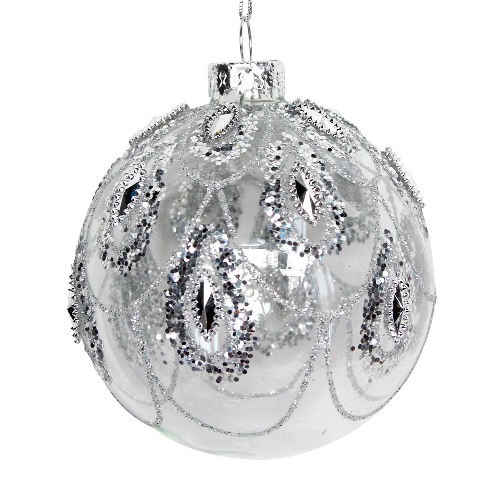 Clear glass bauble with Silver glitter swags (8cm) – The Olde Christmas ...