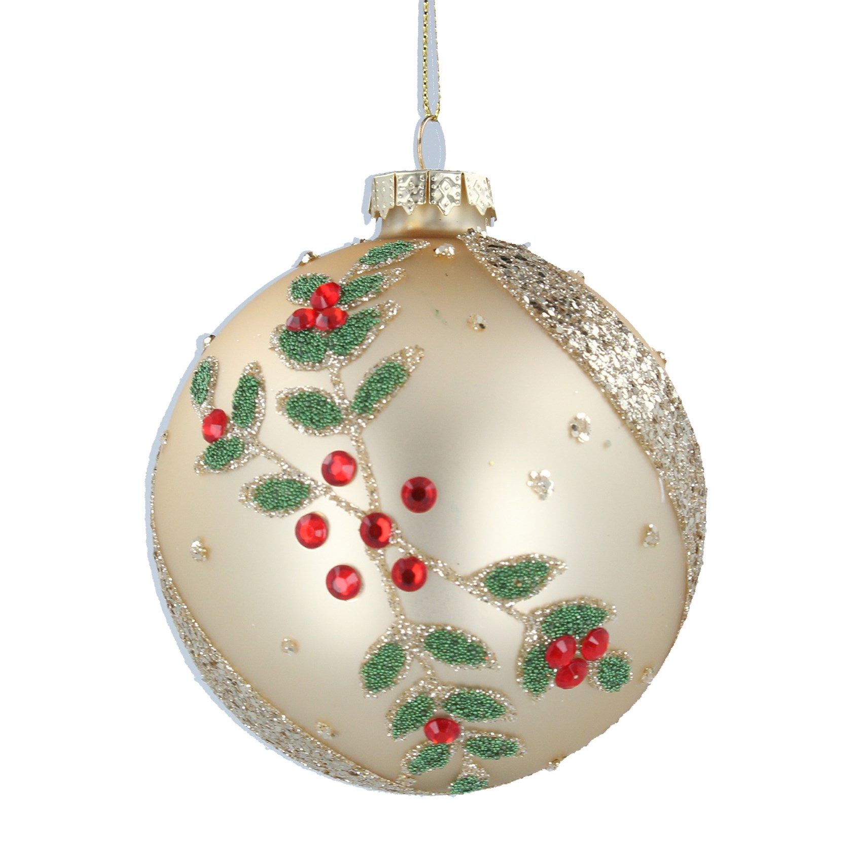 Matt Gold Bauble with Gold Glitter and Diamante Holly – 8 cm – The Olde ...