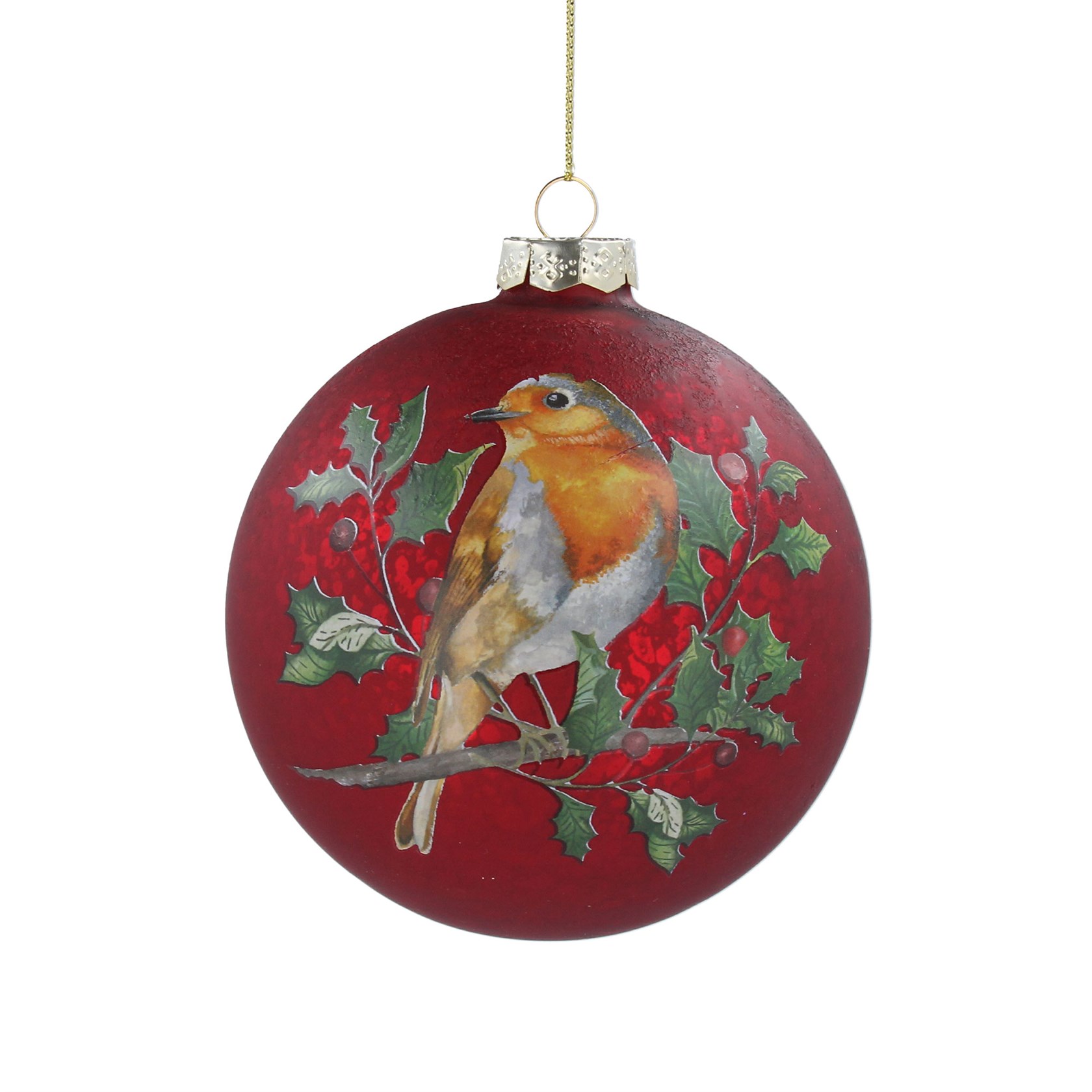 Rich Red Antique Glass Bauble with Robin Motif - 10 cm
